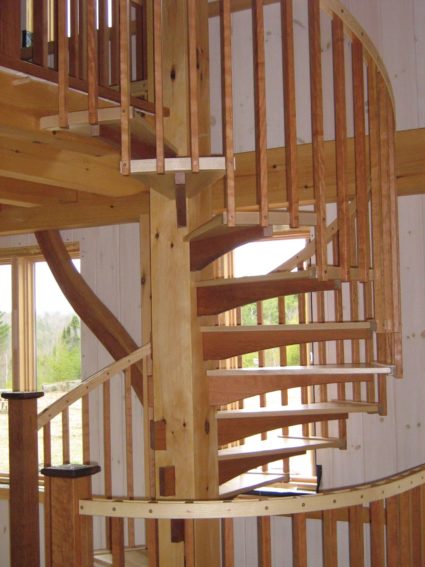 Spiral Stair in Timber Frame Cabin